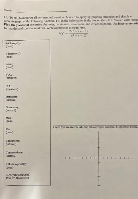 Solved 11. (16 pts) Summarize all pertinent information | Chegg.com