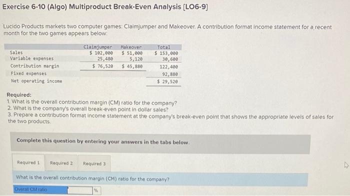 Solved Exercise 6-10 (Algo) Multiproduct Break-Even Analysis | Chegg.com