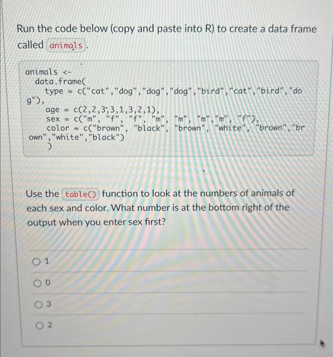 Solved Run the code below (copy and paste into R) to create | Chegg.com
