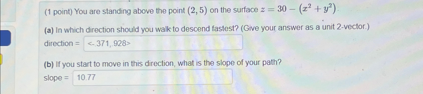 Solved (1 ﻿point) ﻿You are standing above the point (2,5) | Chegg.com