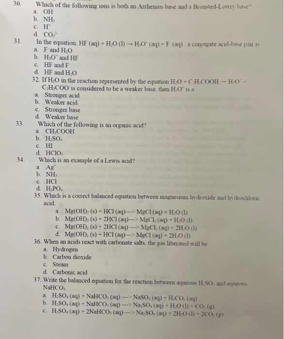 Solved 37. d is H2SO4 (aq) + NaHCO3 --> Na2SO4 (aq) + 2H2O | Chegg.com