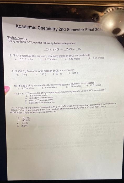 Solved Academic Chemistry 2nd Semester Final 2022 | Chegg.com