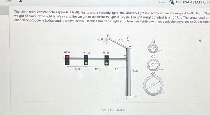 Solved Course - W₁lb The given steel vertical pole supports | Chegg.com