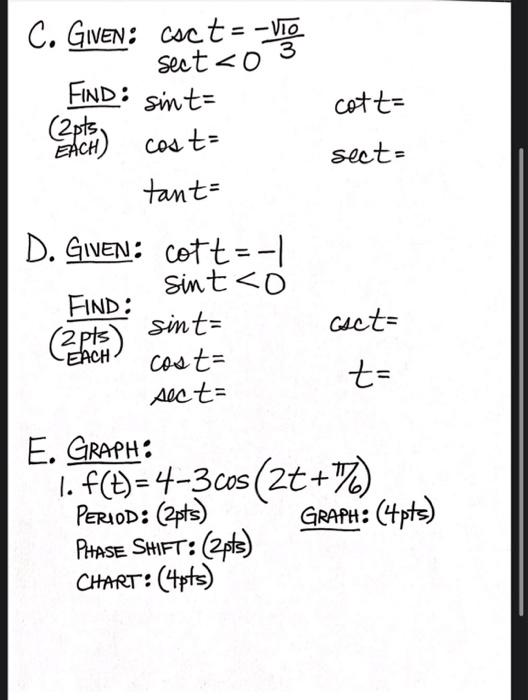Solved MATH 175– PRE CALCULUS TEST #3 - CHAPTER 6 A. | Chegg.com