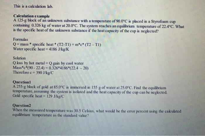 Solved This is a calculation lab. Calculation example A | Chegg.com