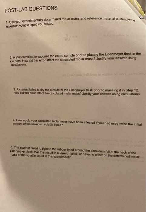 POST-LAB QUESTIONS 1. Use your experimentally | Chegg.com