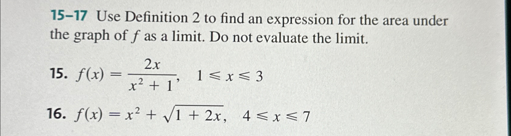 Solved Use Definition 2 ﻿to find an expression for the area | Chegg.com