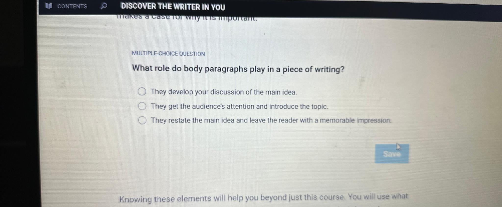 Solved a1 ﻿CONTENTSDISCOVER THE WRITER IN YOUMULTIPLE-CHOICE | Chegg.com