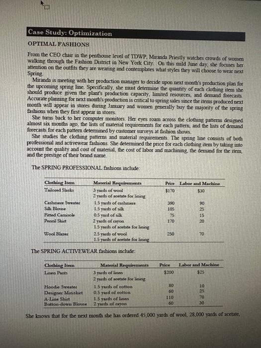 Solved The Optimization Case Study corresponds to concepts | Chegg.com
