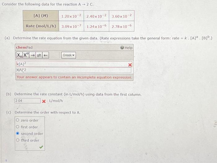 Solved Consider the following data for the reaction A→2C. | Chegg.com
