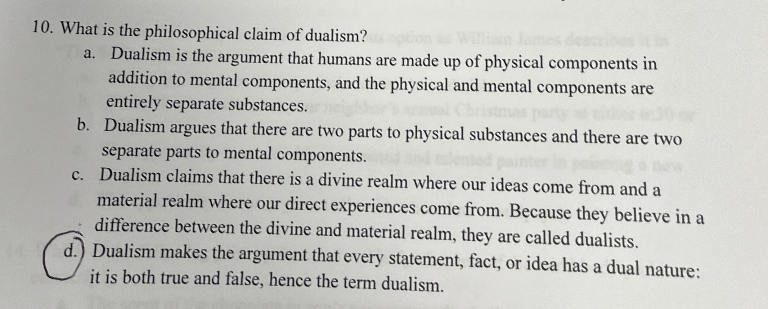 Solved What is the philosophical claim of dualism?a. | Chegg.com