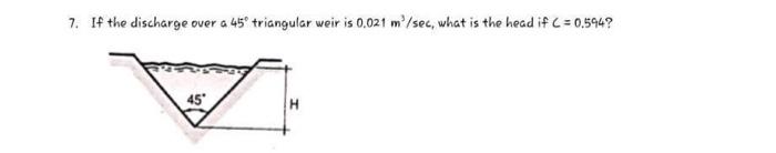 Solved If the discharge over a 45∘ triangular weir is 0.021 | Chegg.com