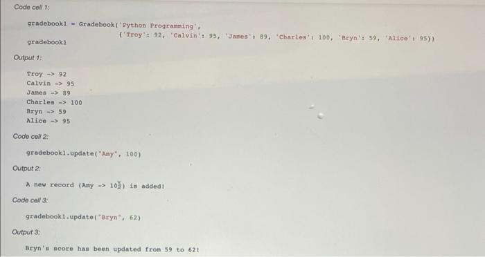 Solved class Gradebookt def _init_(self, courae_nate, | Chegg.com