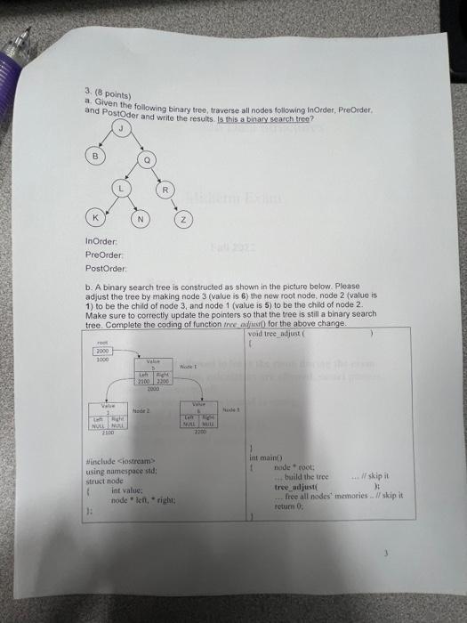 Solved 3. (8 points) a. Given the fallowing binary troo, | Chegg.com