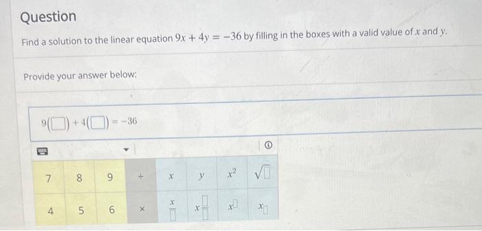 Solved Find a solution to the linear equation 9x+4y=−36 by | Chegg.com