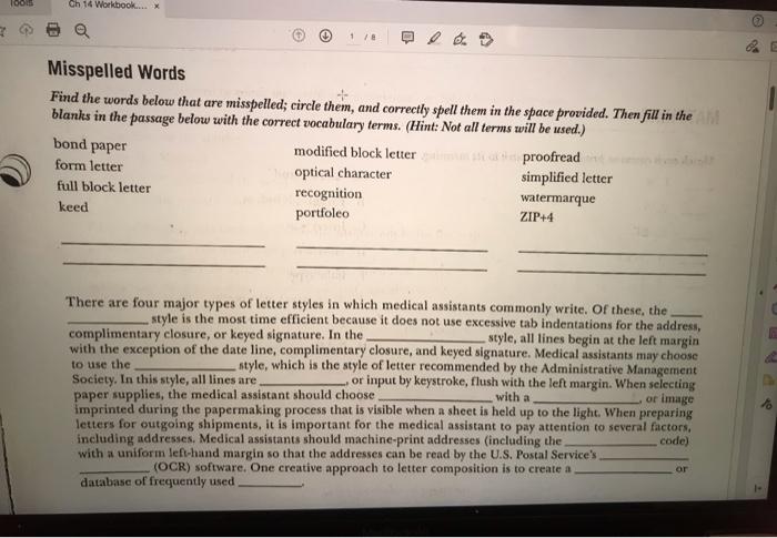 Misspelled Words Find the words below that are | Chegg.com