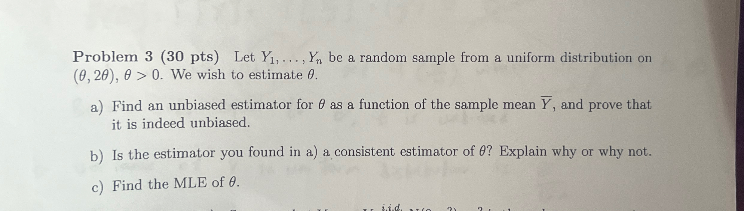 Solved Problem 3 (30 ﻿pts) ﻿Let Y1,dots,Yn ﻿be a random | Chegg.com