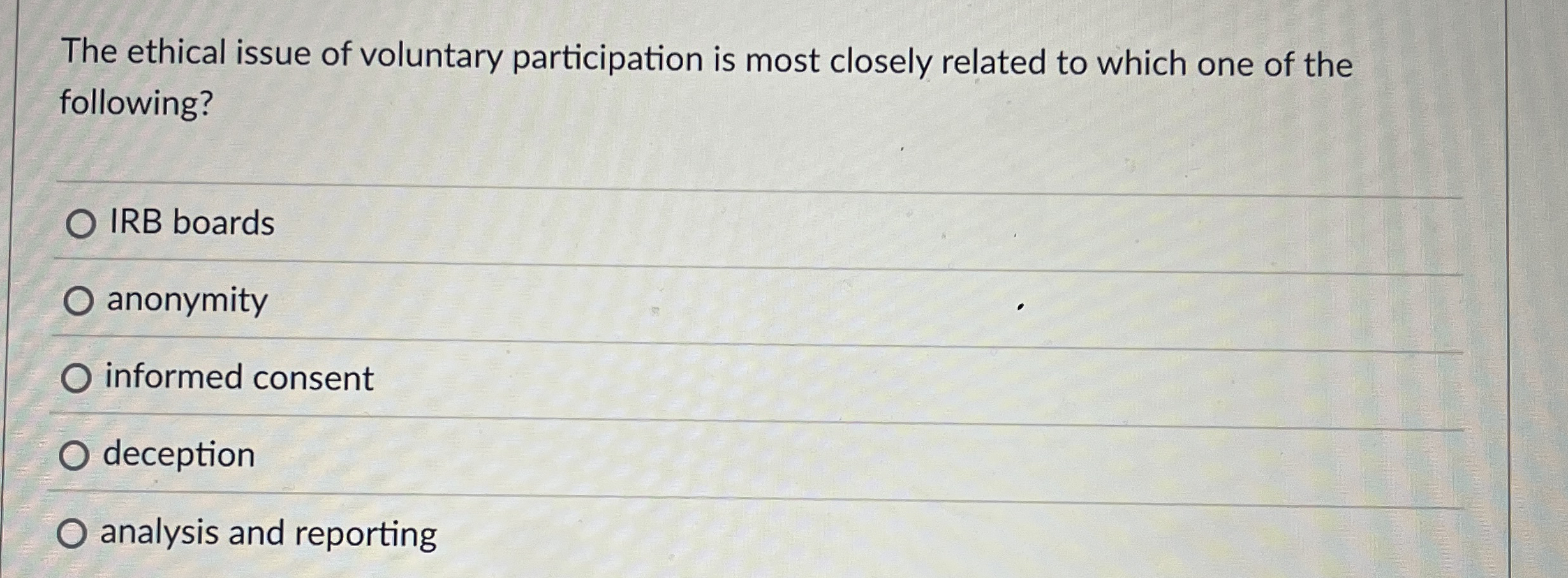 The ethical issue of voluntary participation is most | Chegg.com