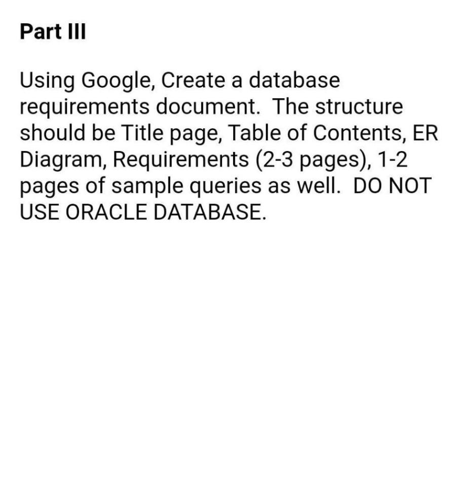 [Solved]: Create a database requirements document with table