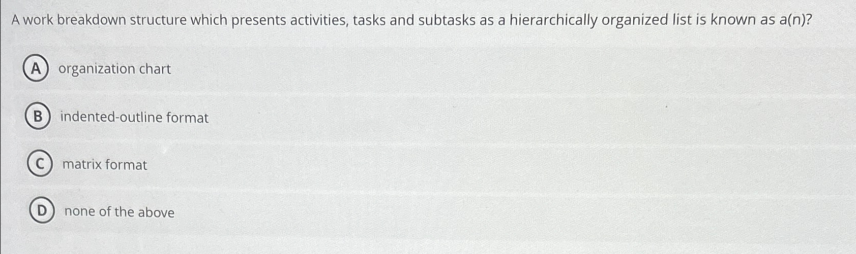 Solved A work breakdown structure which presents activities, | Chegg.com
