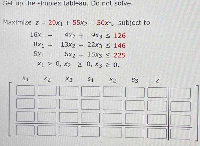 Solved Set up the simplex tableau. Do not solve. Maximize | Chegg.com