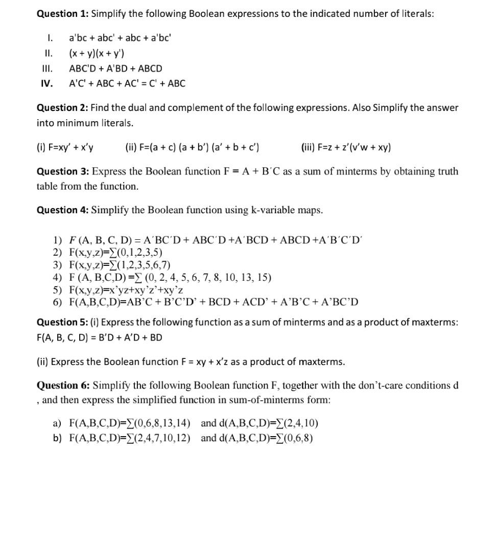 Question 1 Simplify The Following Boolean