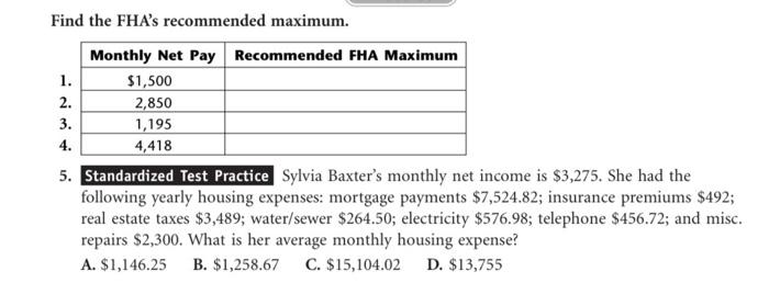 Solved Find the FHA's recommended maximum. 1. 2. 3. 4. 5. | Chegg.com