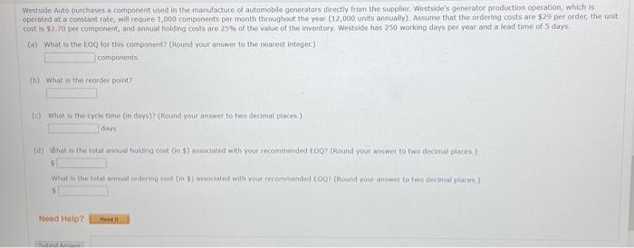 Solved Westside Auto purchases a component used in the | Chegg.com
