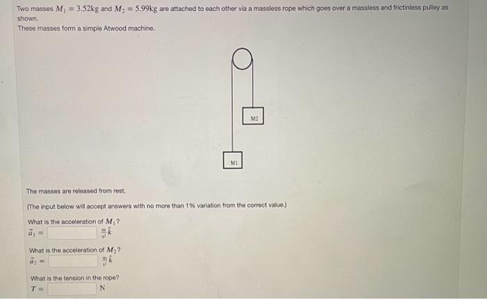 Solved Two masses M1=3.52 kg and M2=5.99 kg are attached to | Chegg.com