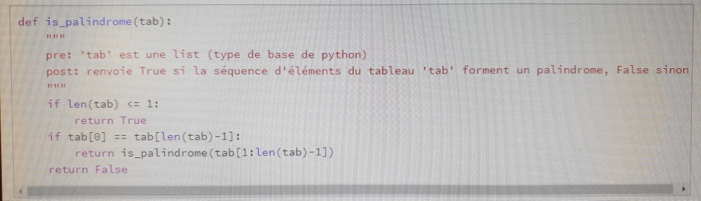 Solved def is_palindrome (tab): pre: 'tab' est une list | Chegg.com