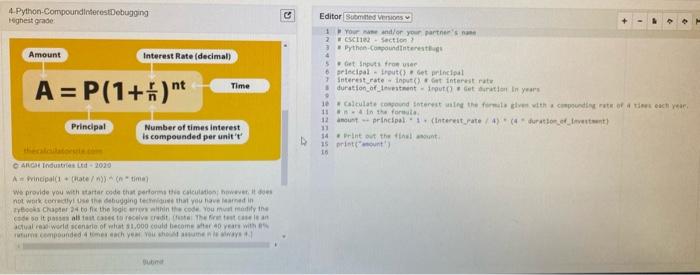Solved 4-Python Compound interestebugging Hagpreste Problem | Chegg.com