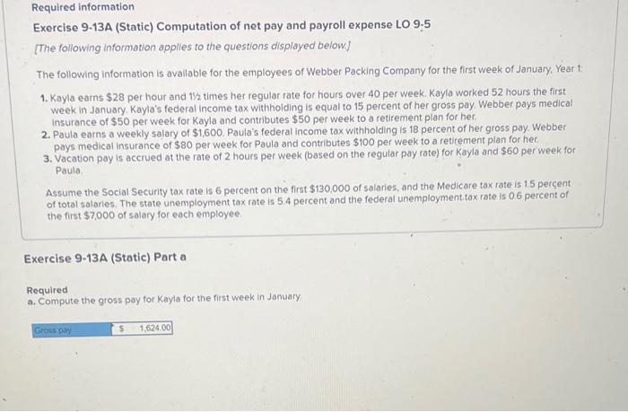 Solved Exercise 9-13A (Static) Computation of net pay and | Chegg.com