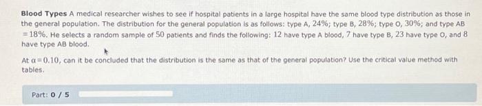 Solved Blood Types A medical researcher wishes to see if | Chegg.com