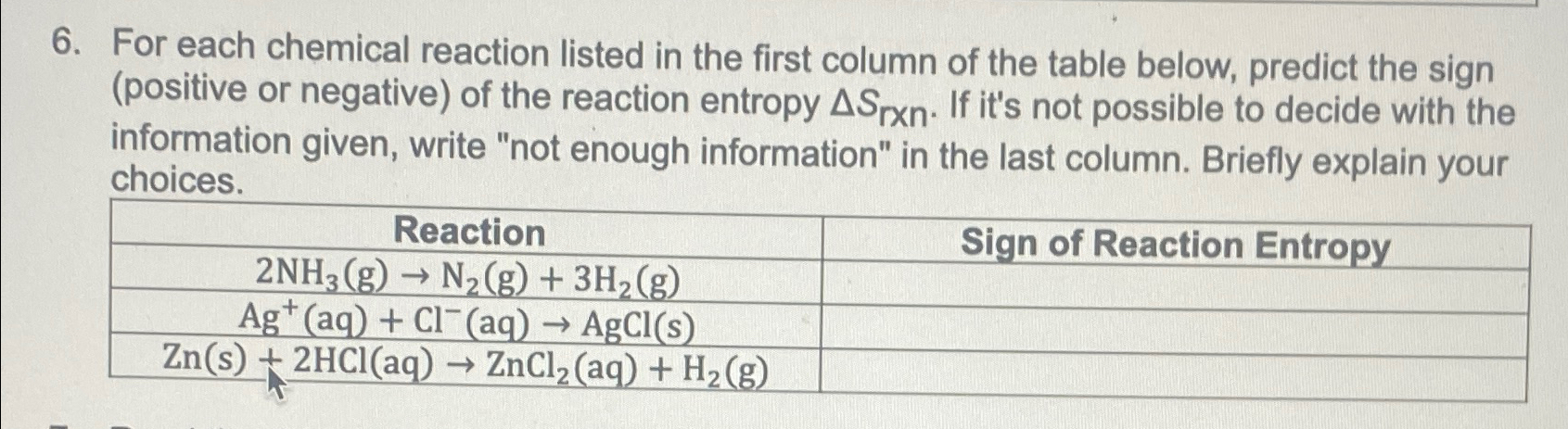 Solved For each chemical reaction listed in the first column | Chegg.com