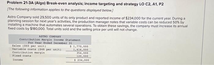 Solved Problem 21-3A (Algo) Break-even analysis; income | Chegg.com