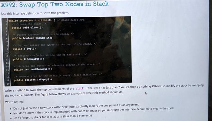 Solved X992: Swap Top Two Nodes in Stack Use this interface | Chegg.com