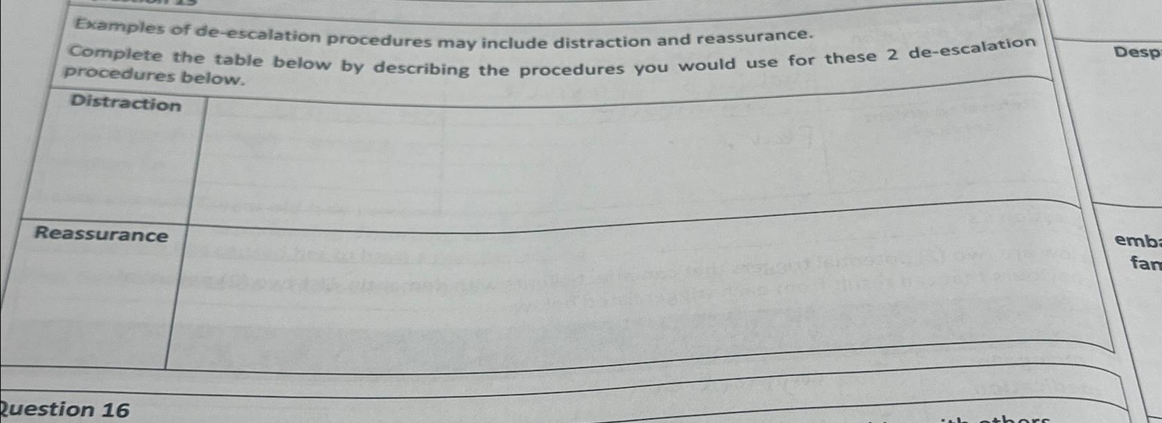 Solved Examples of de-escalation procedures may include | Chegg.com