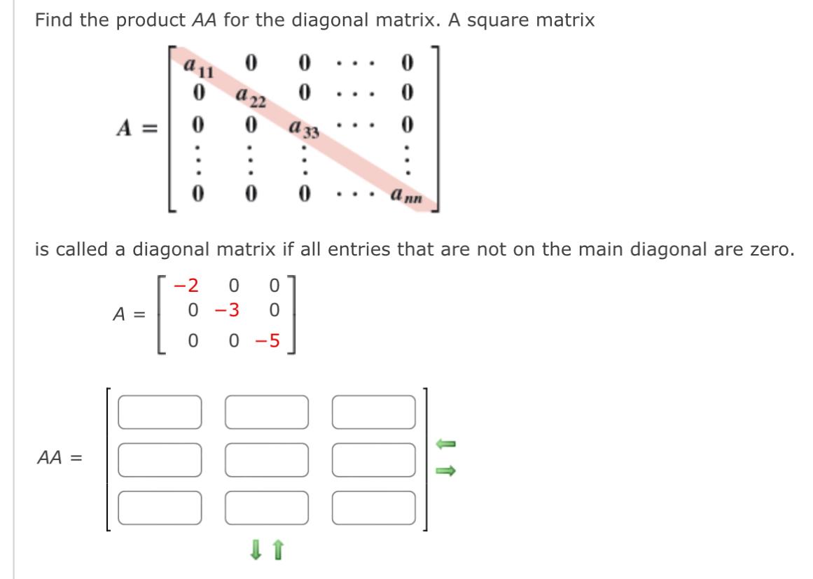 Solved Find the product AA ﻿for the diagonal matrix. A | Chegg.com