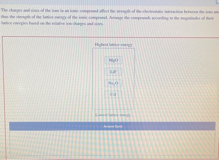 Solved The charges and sizes of the ions in an ionic | Chegg.com