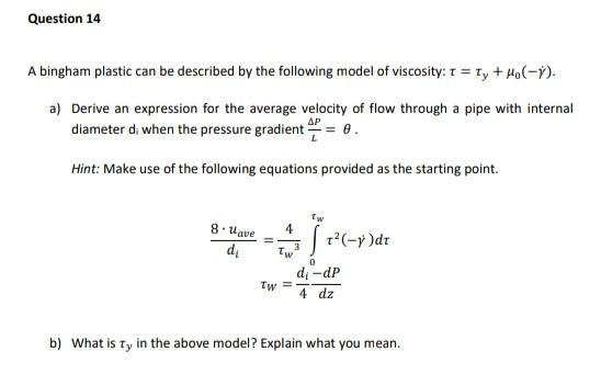 Solved bingham plastic can be described by the following | Chegg.com