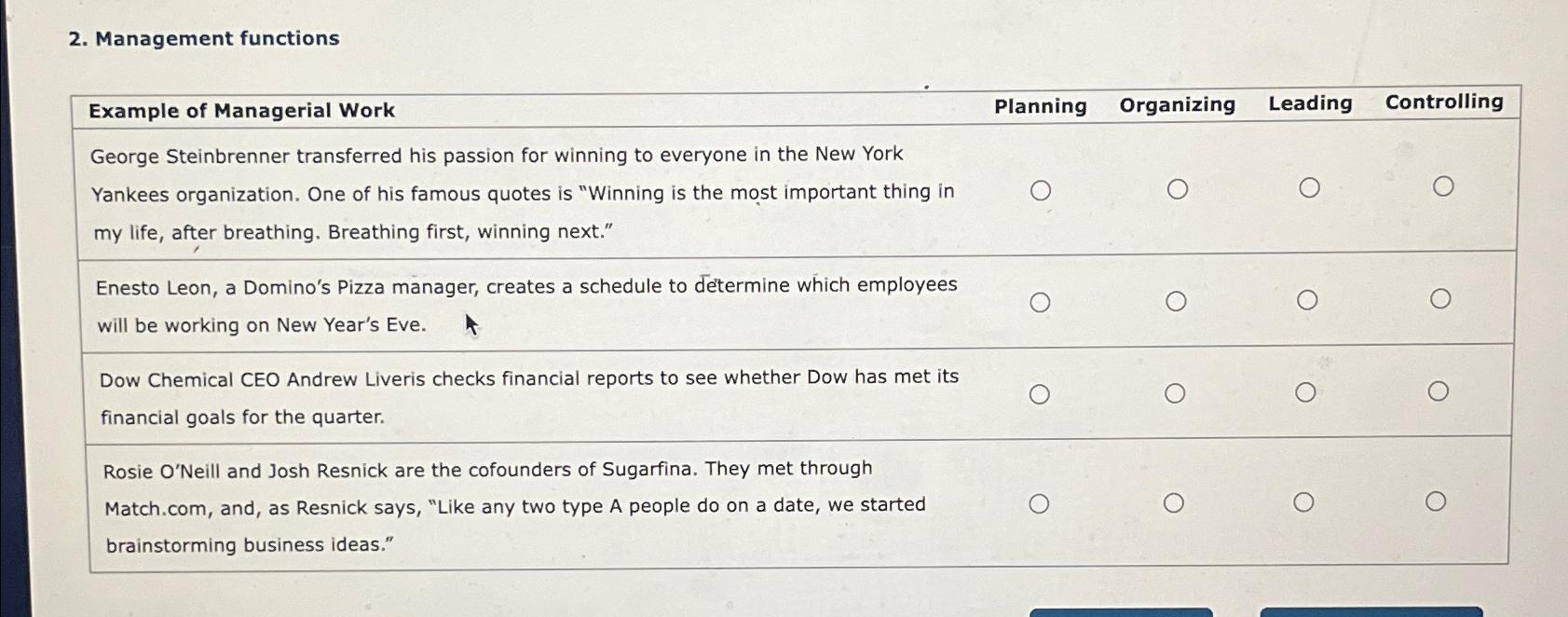 Solved Management functionsExample of Managerial | Chegg.com
