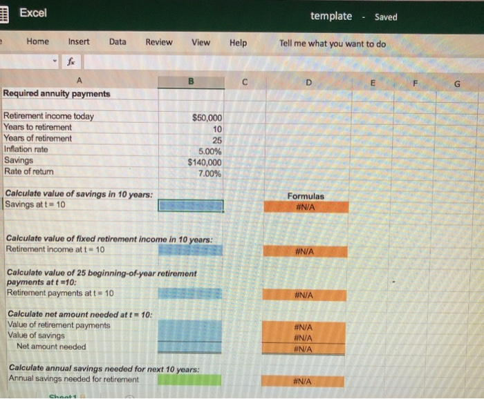 Solved Excel template - Saved Home Insert Data Review View | Chegg.com