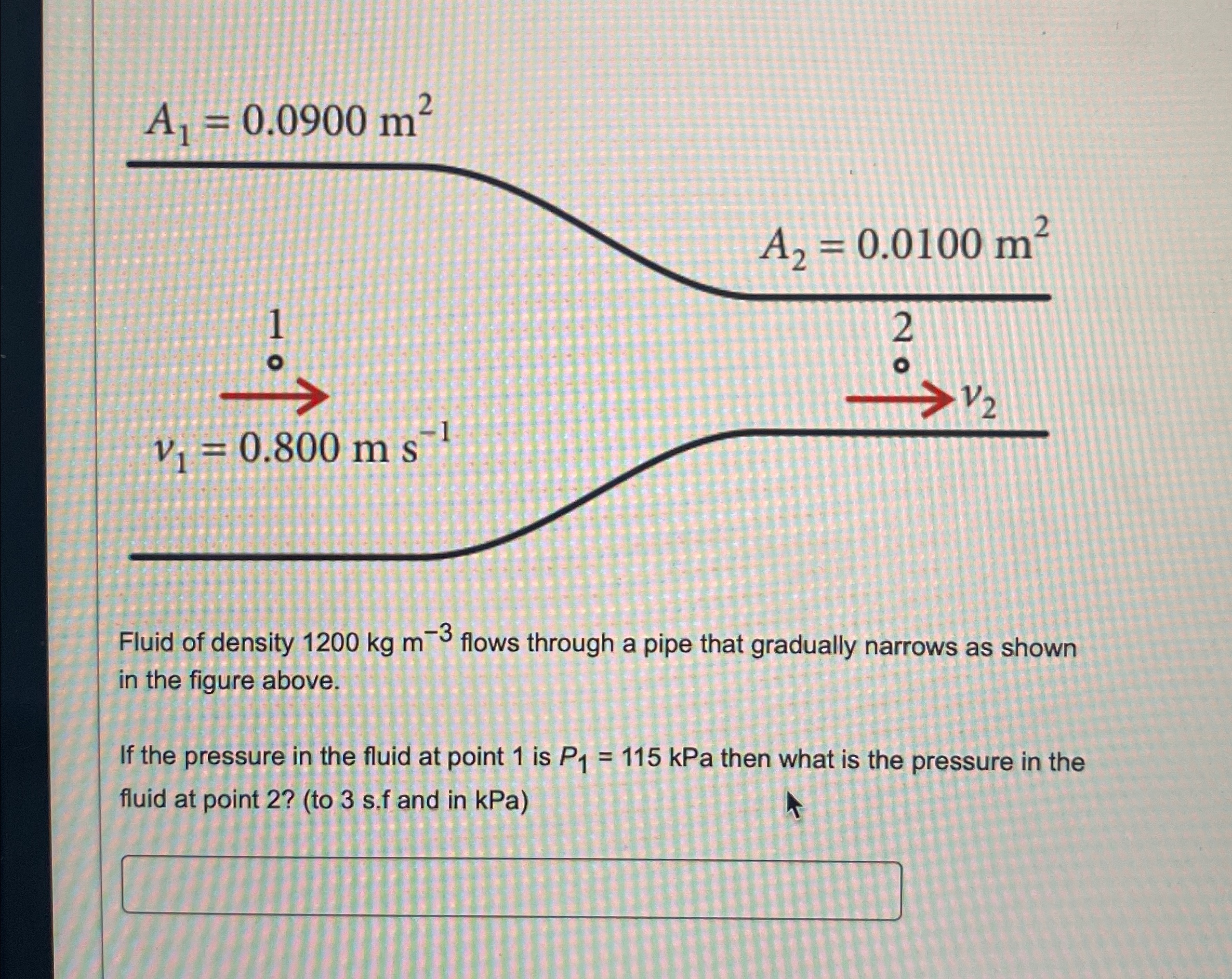 Solved A1=0.0900m2 ﻿A2=0.0100m^(2) ﻿V1=0.800ms-1 ﻿V2-?Fluid | Chegg.com