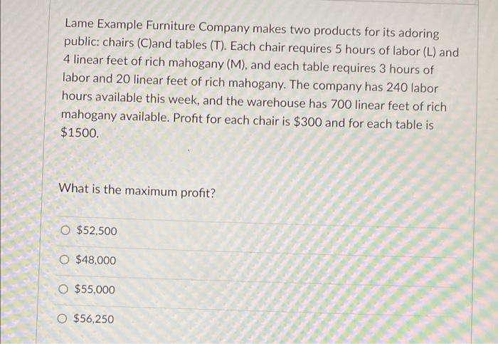 Solved Lame Example Furniture Company makes two products for | Chegg.com