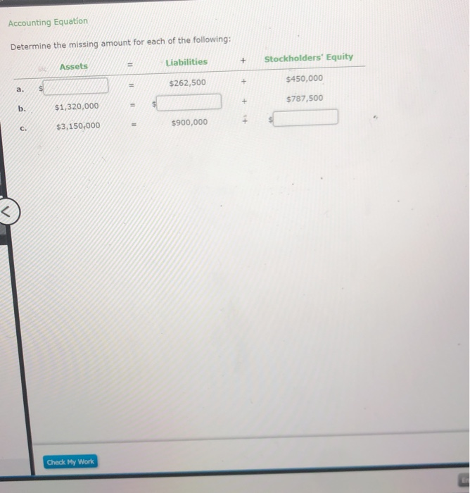 Solved Accounting Equation Determine the missing amount for | Chegg.com