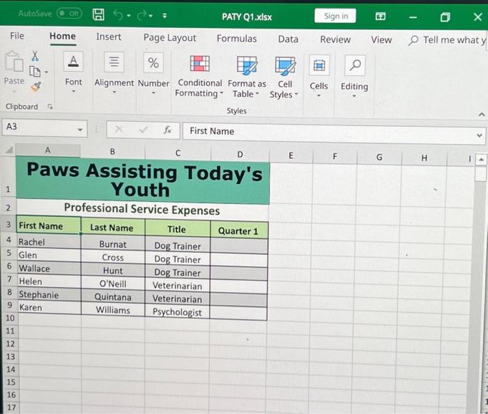Solved Task Instructions In cell D4 of the PATY Q1 workbook, | Chegg.com