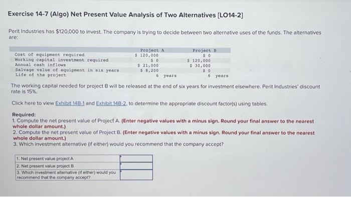 Solved Exercise 14-7 (Algo) Net Present Value Analysis of | Chegg.com
