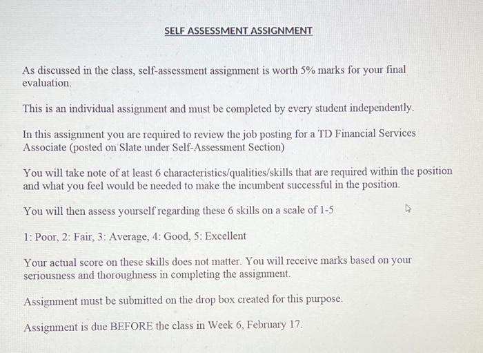 Solved SELF ASSESSMENT ASSIGNMENT As discussed in the class, | Chegg.com