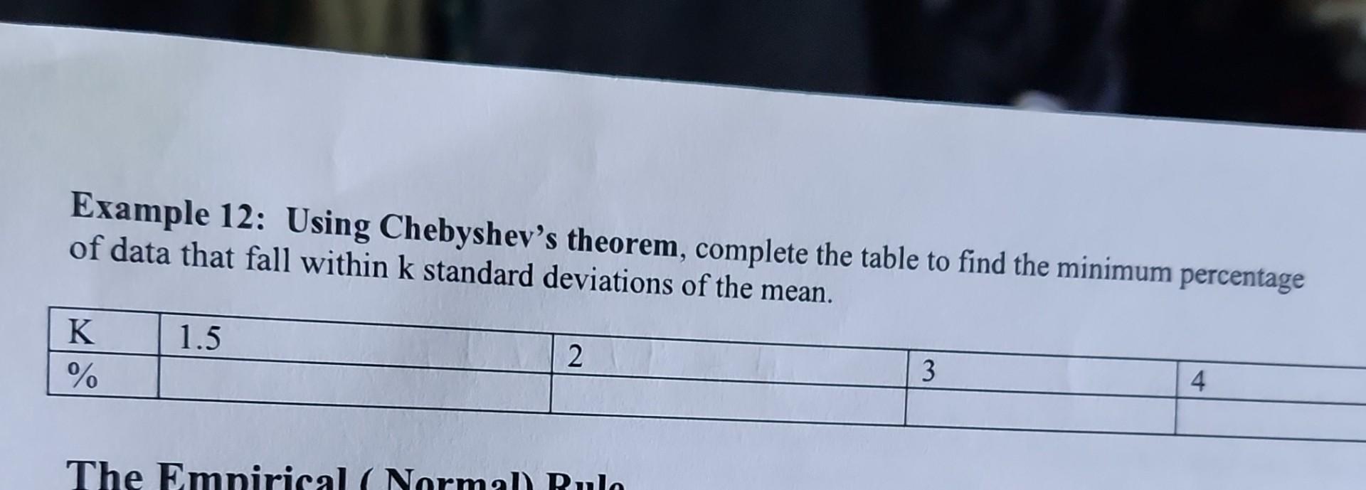 Solved Example 12: Using Chebyshev's theorem, complete the | Chegg.com