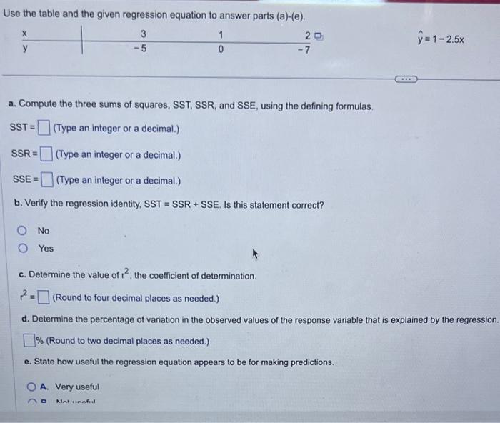 Solved Use the table and the given regression equation to | Chegg.com